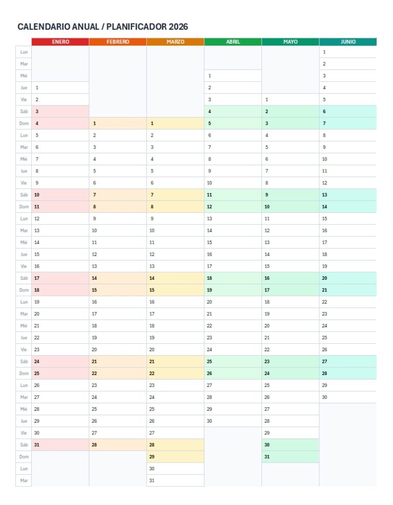 Calendario planificador 2026: plantilla Excel gratis